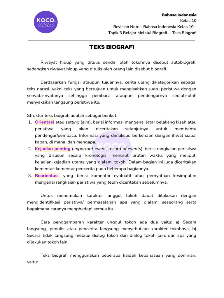 Revision Note - Bahasa Indonesia Kelas 10 - Teks Biografi PDF | PDF