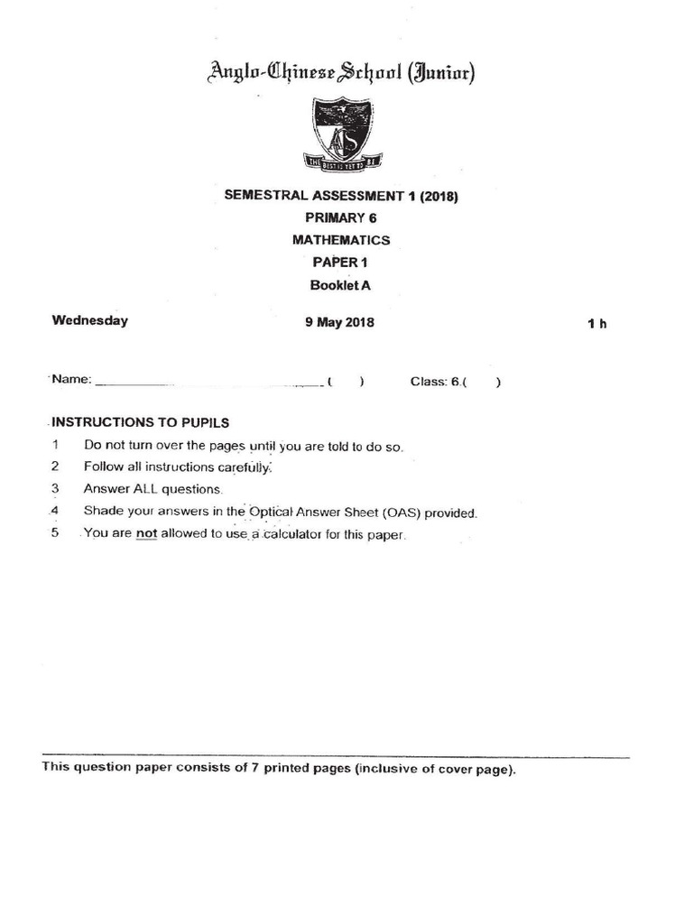 P6 Maths SA1 2018 ACS Exam Papers | PDF