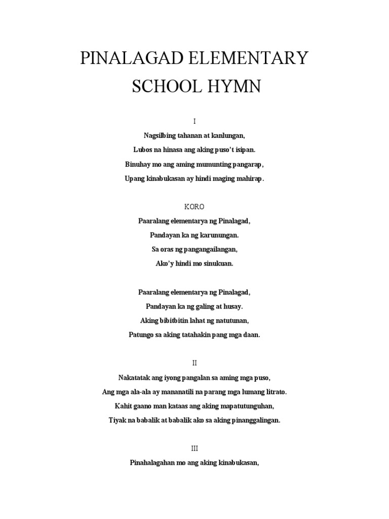 PINALAGAD ELEMENTARY SCHOOL HYMN | PDF