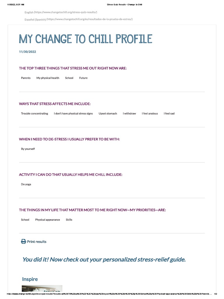 Stress Quiz Results - Change to Chill | PDF