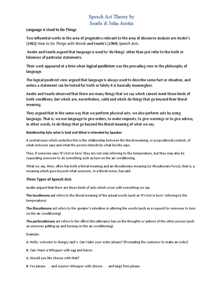 0.speech Act Theory by Searle and Austin | PDF
