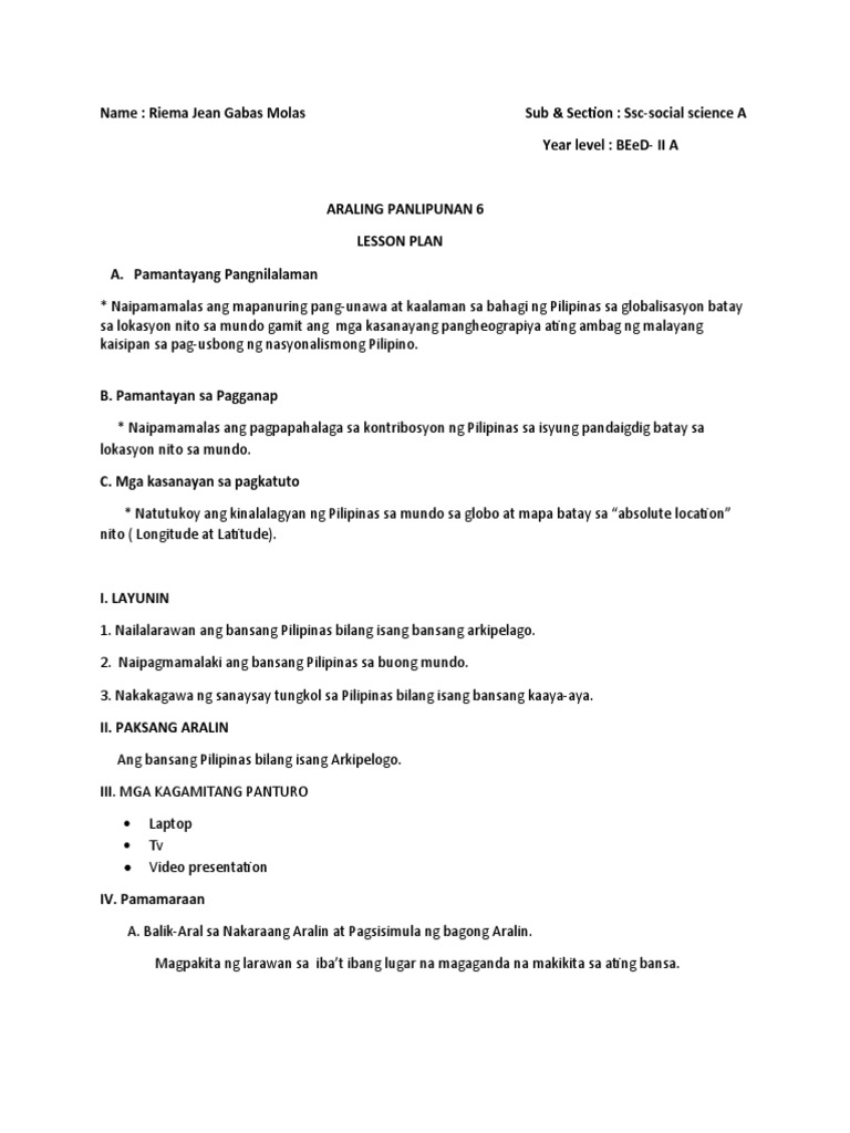 LESSON PLAN ; ARALING PANLIPUNAN 6 | PDF