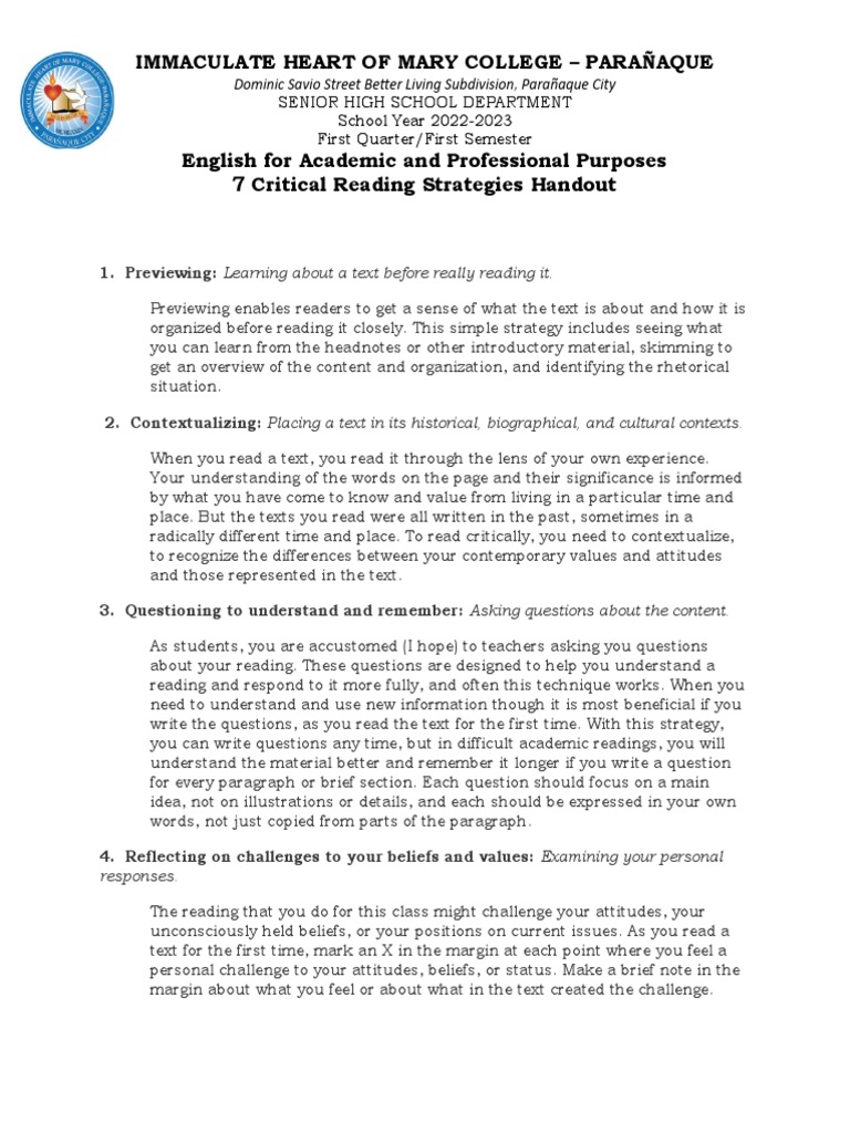Critical Reading Strategies Guide | PDF
