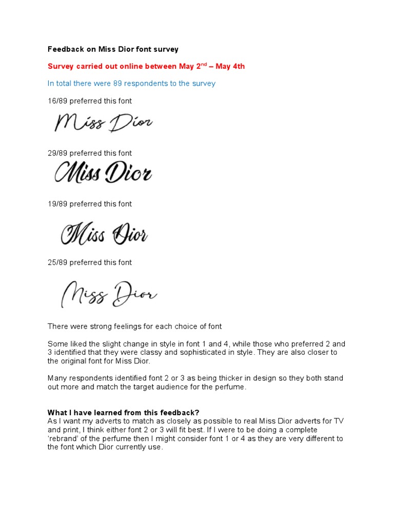 Miss Dior Font Survey Results | PDF | Social Science | Lifestyle