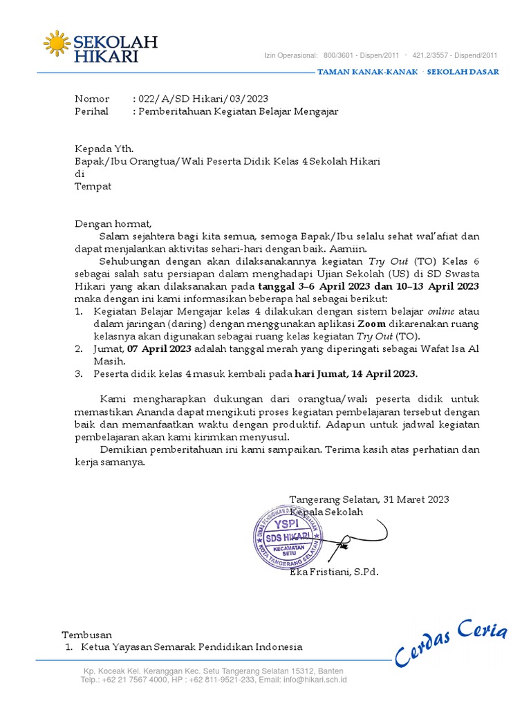 Surat Pemberitahuan Kegiatan Belajar Mengajar Secara Online Kelas 4 ...