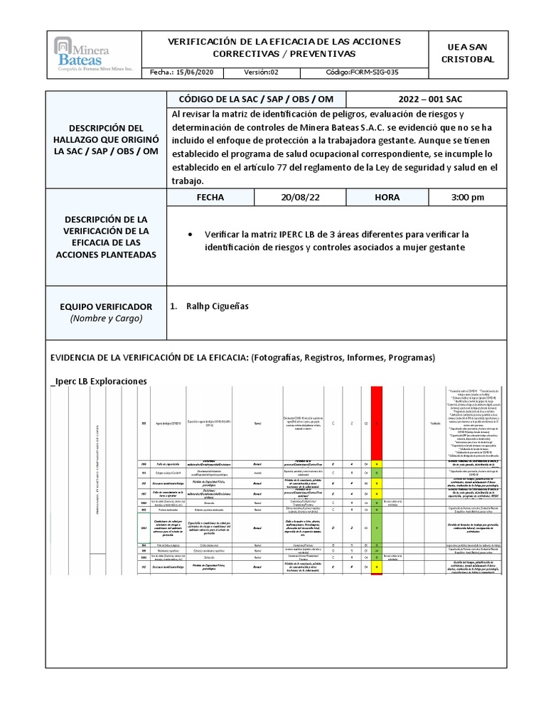 FORM-SIG-035 Verificación de La Eficacia de Las Acciones Correctivas-Preventivas V2 | PDF | Negocios