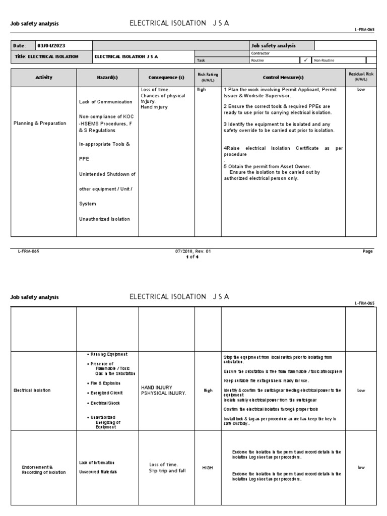 Electrical Isolation Job Safety Analysis | PDF | Safety | Occupational ...