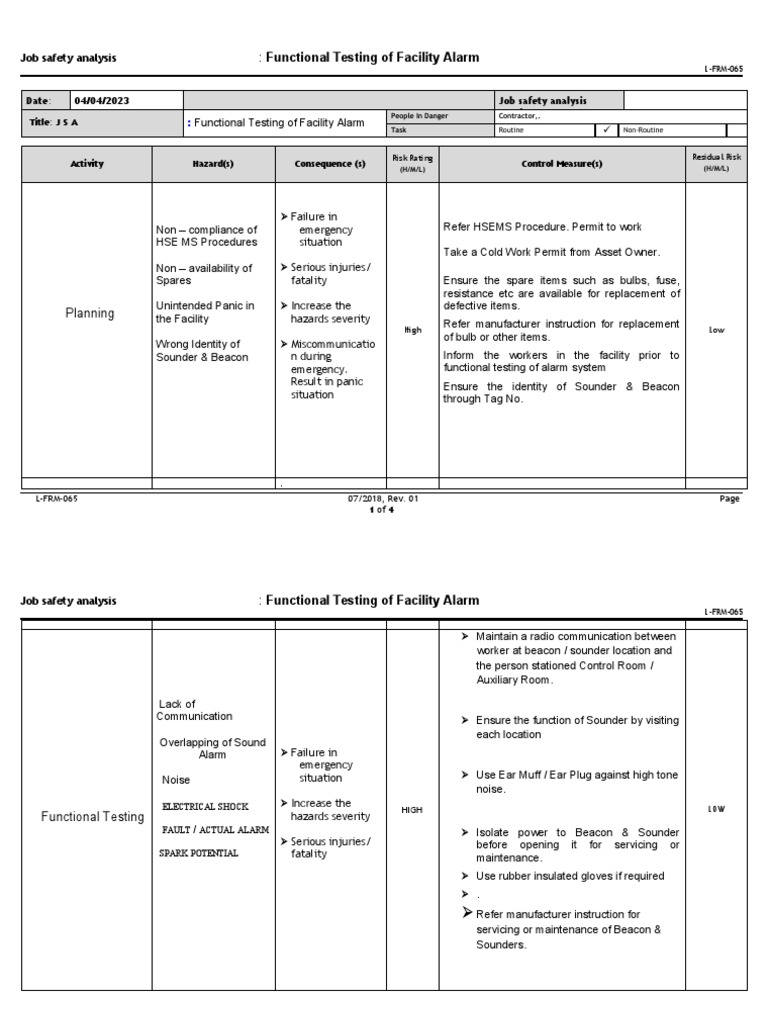 Jsa Functional Testing of Facility Alarm | PDF | Workplace | Labor ...