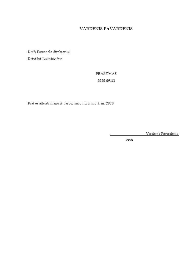 Prašymas Išeiti Iš Darbo PAVYZDYS | PDF