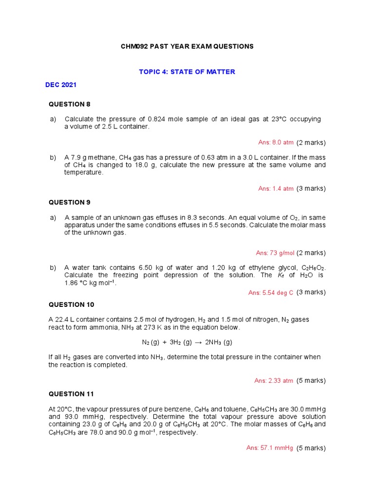 CHM092 Past Year Exam Questions - Topic 4 - 2021 & 2019 | PDF