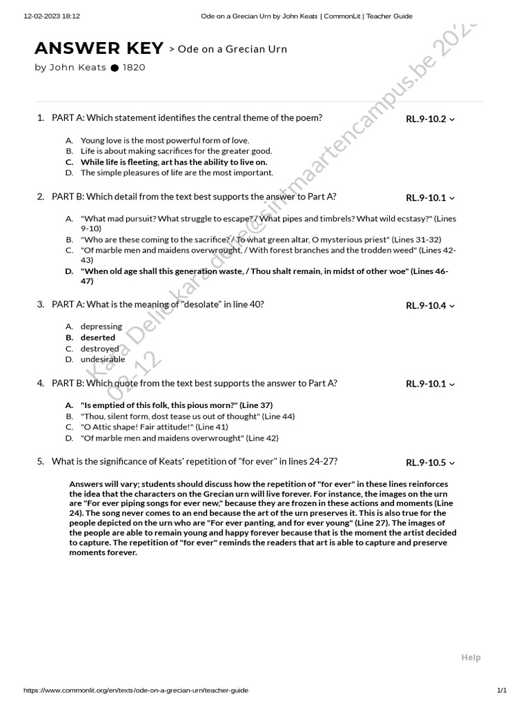 Ode On A Grecian Urn by John Keats - CommonLit - Teacher Guide PDF | PDF