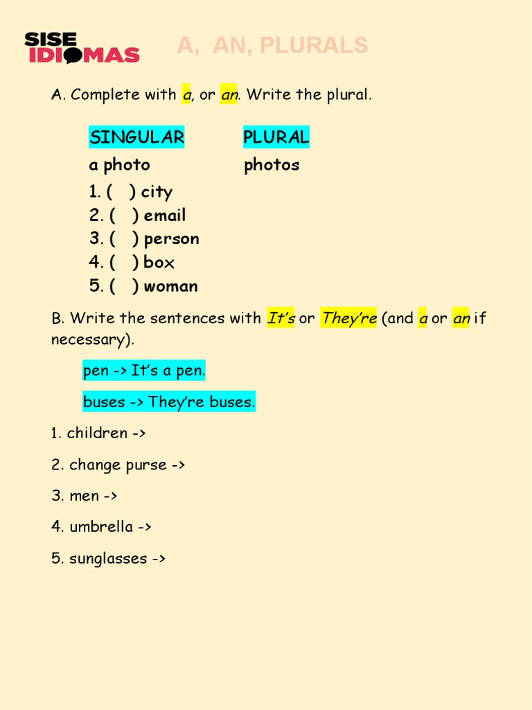 A, An, and Plurals Worksheet | PDF