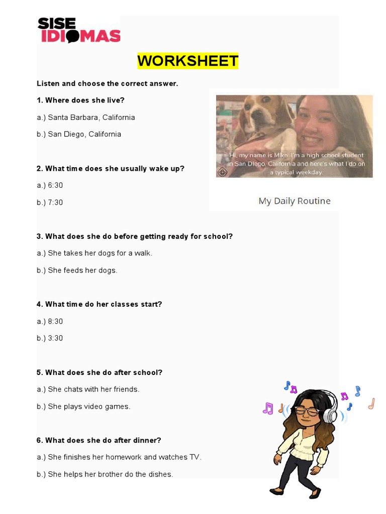 CLASS 7 - DAILY ROUTINE - LISTENING ACTIVITY - mp4 | PDF