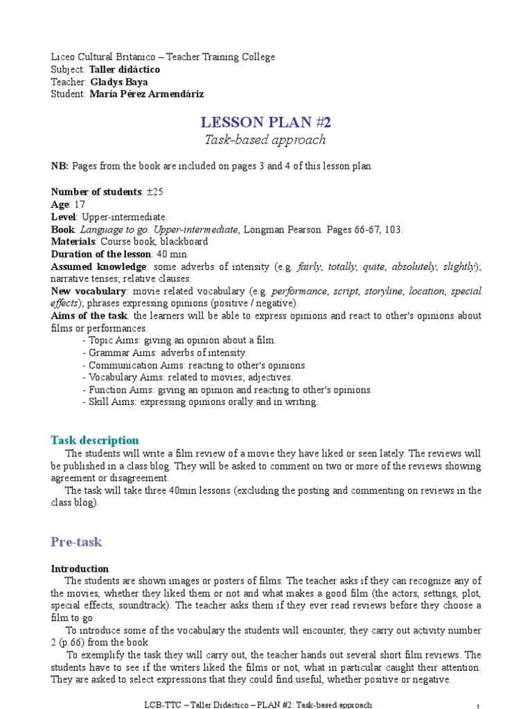 Plan 2 - Task-Based Lesson (Draft2) - M. Perez | PDF | Lesson Plan | Adverb