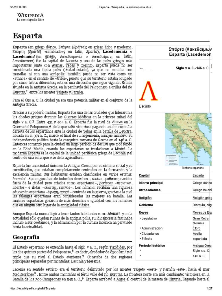 Historia de Esparta - Wikipedia, La Enciclopedia Libre | PDF | Esparta | Antigua Grecia