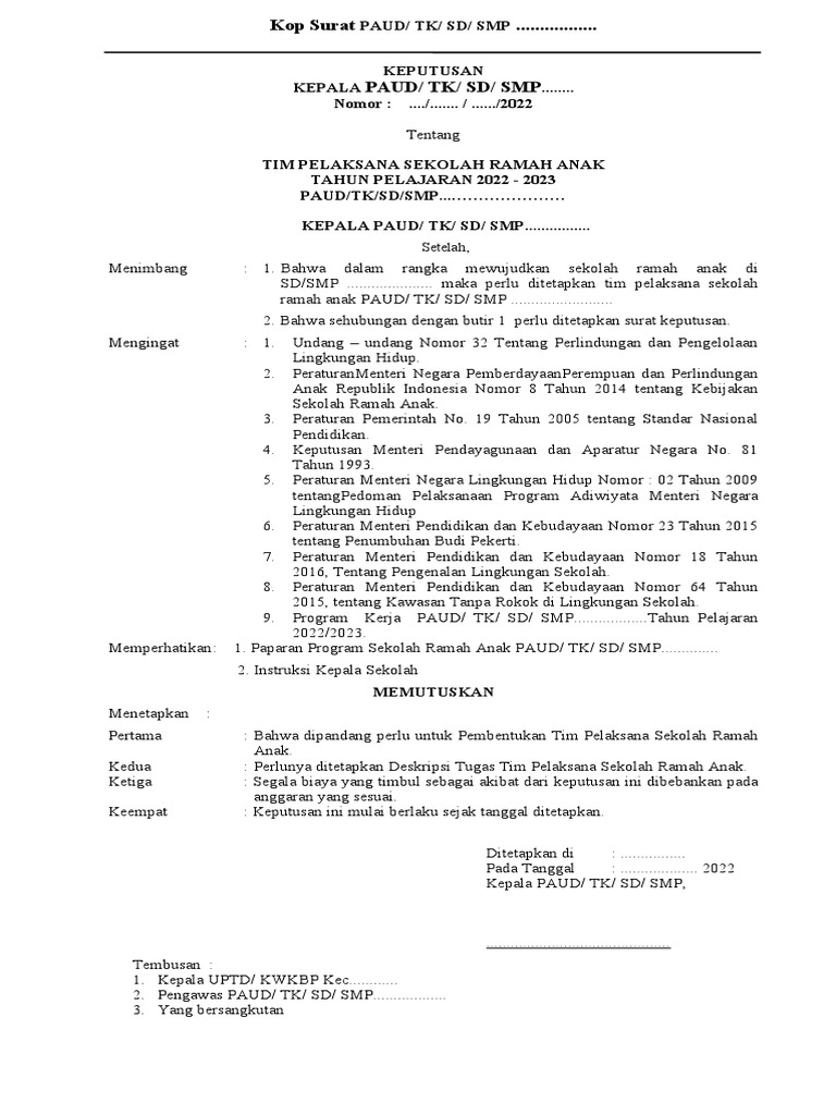 Contoh SK Tim Sekolah Ramah Anak - Sra | PDF