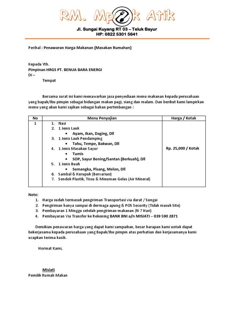 Penawaran Harga Makanan Mpok Atik Ke PT Bbe PDF | PDF