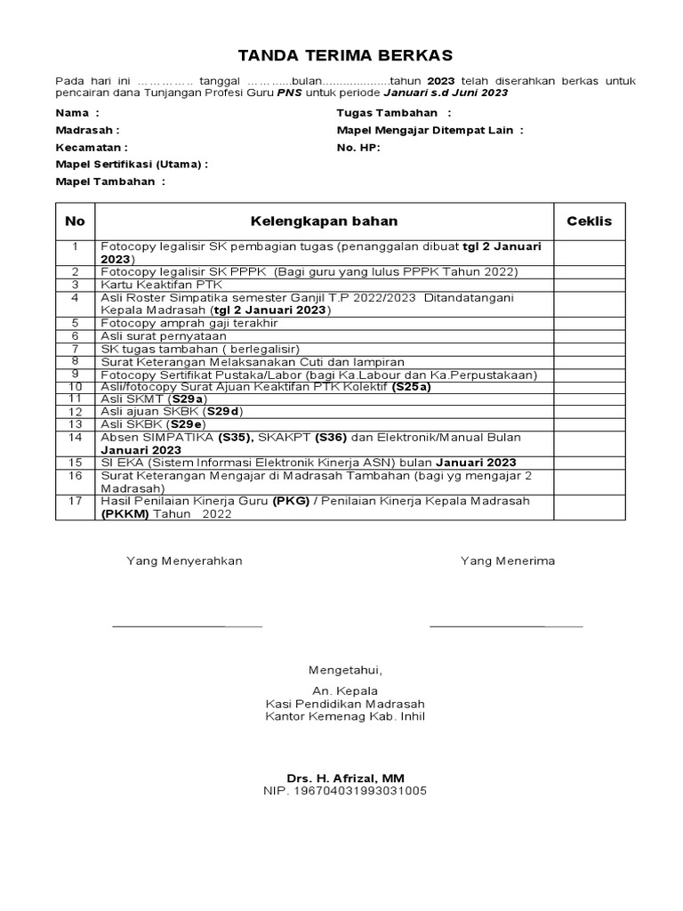 Tanda Terima Berkas TPG 2023 | PDF