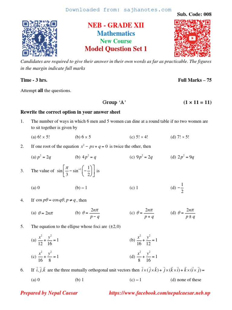 Math Model Paper Set-1 | PDF