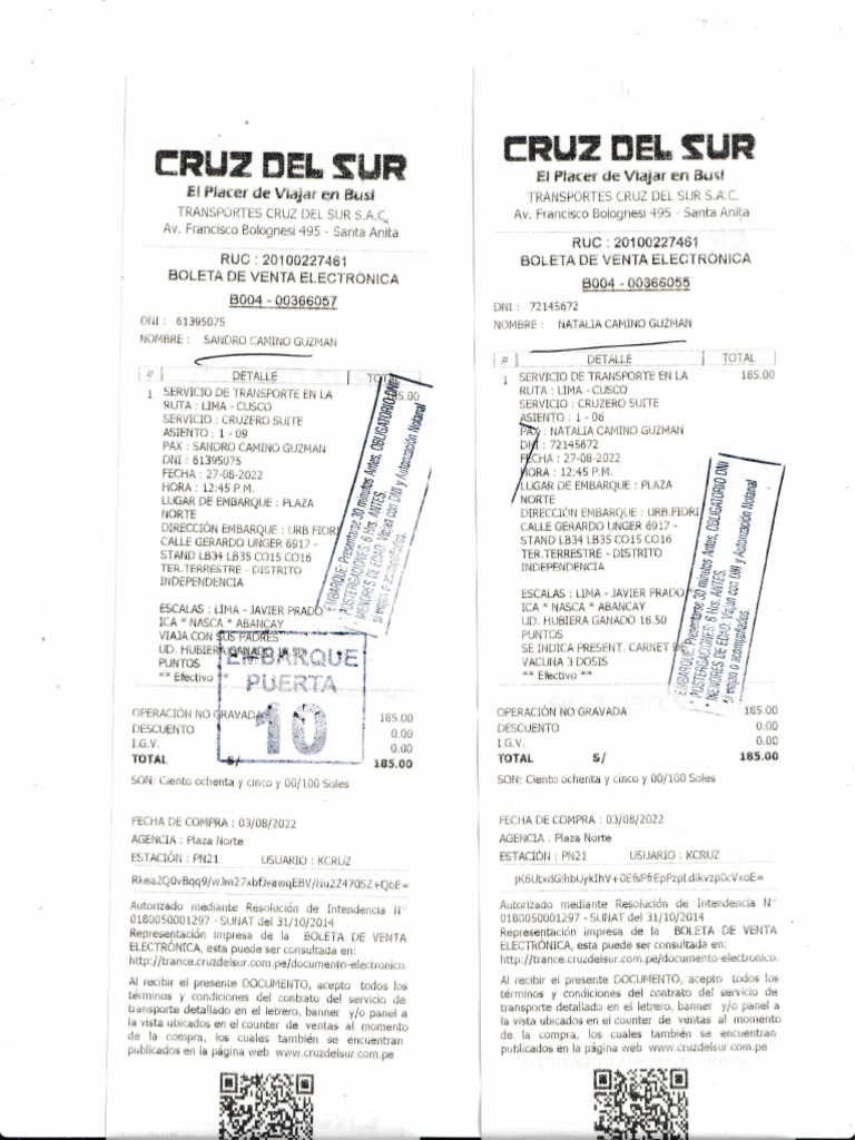 Boletos Cruz Del Sur | PDF