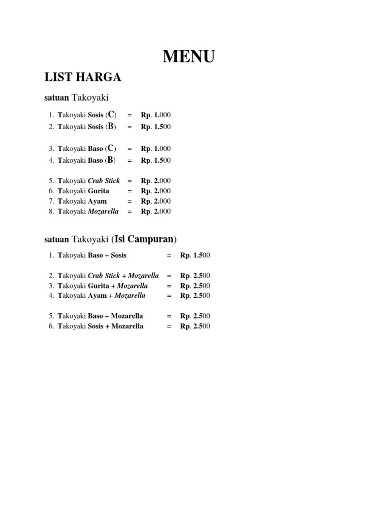 Takoyaki Menu & Prices Guide | PDF