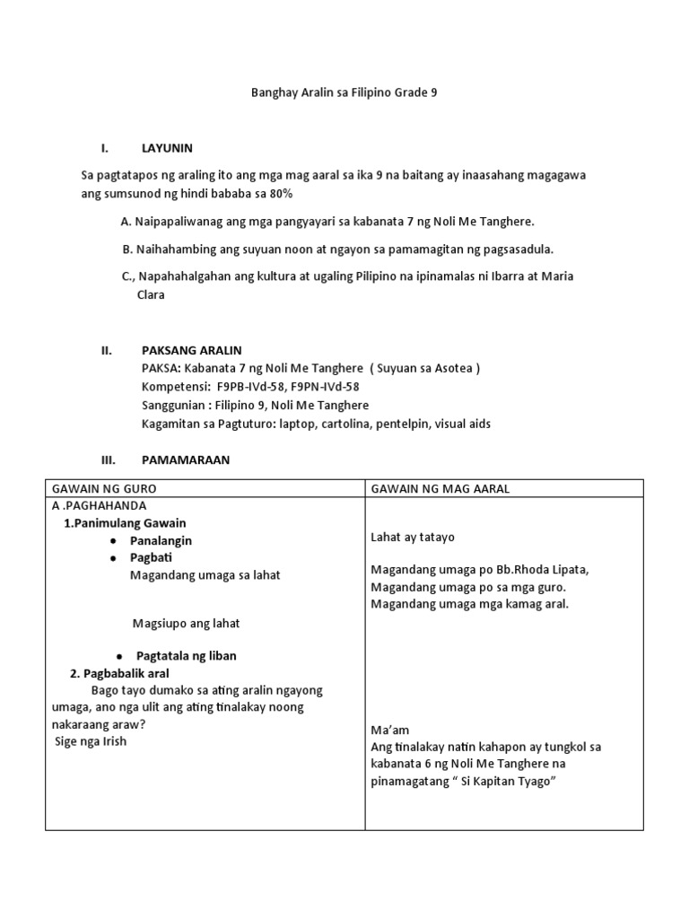 Banghay Aralin Sa Filipino Grade 9 | PDF