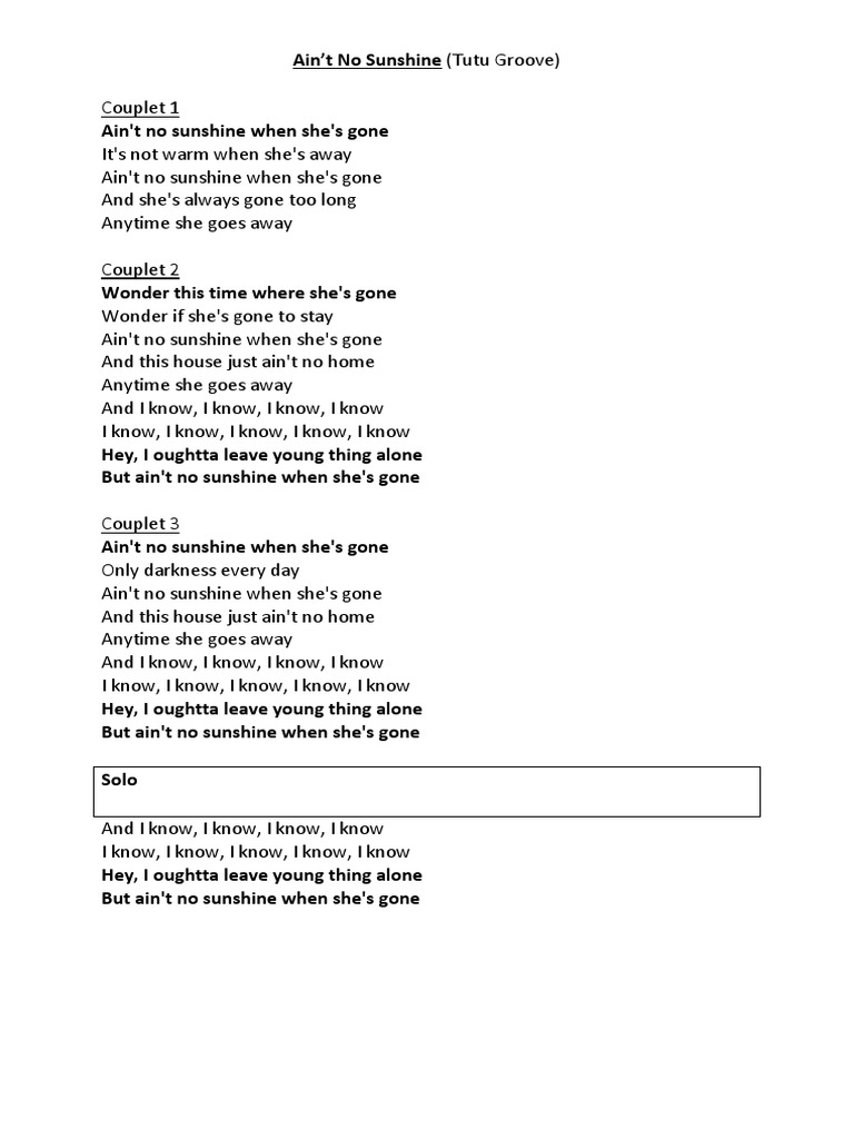 Ain't No Sunshine Lyrics Analysis | PDF | Art | Poetry