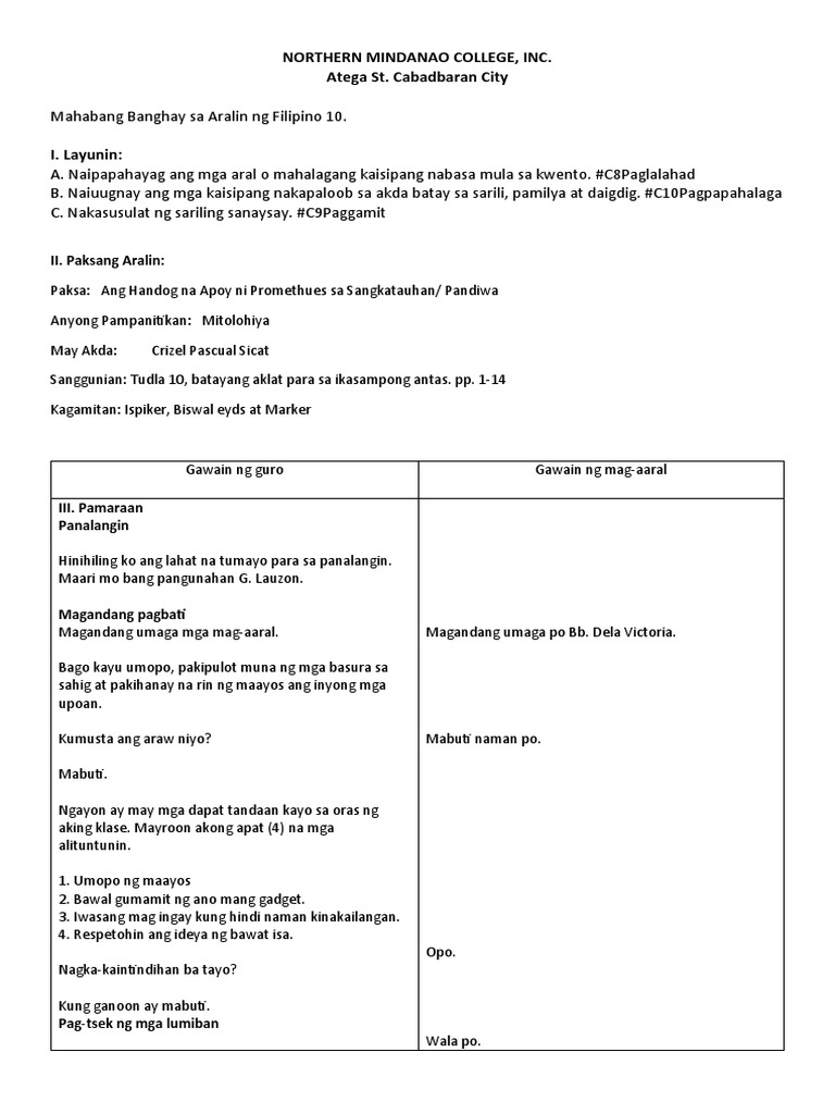 Ang Handog Na Apoy Ni Prometheus Sa Sangkatauhan/Datailed Lesson Plan/Filipino | PDF