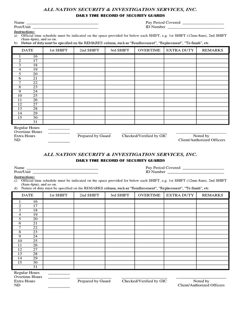 Daily Time Record for Security Guards | PDF