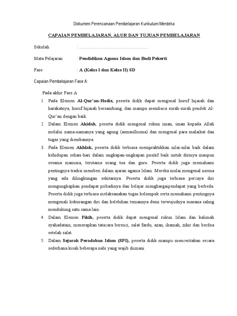 Dokumen CP, ATP Dan TP Pendidikan Agama Islam Kelas 1 | PDF