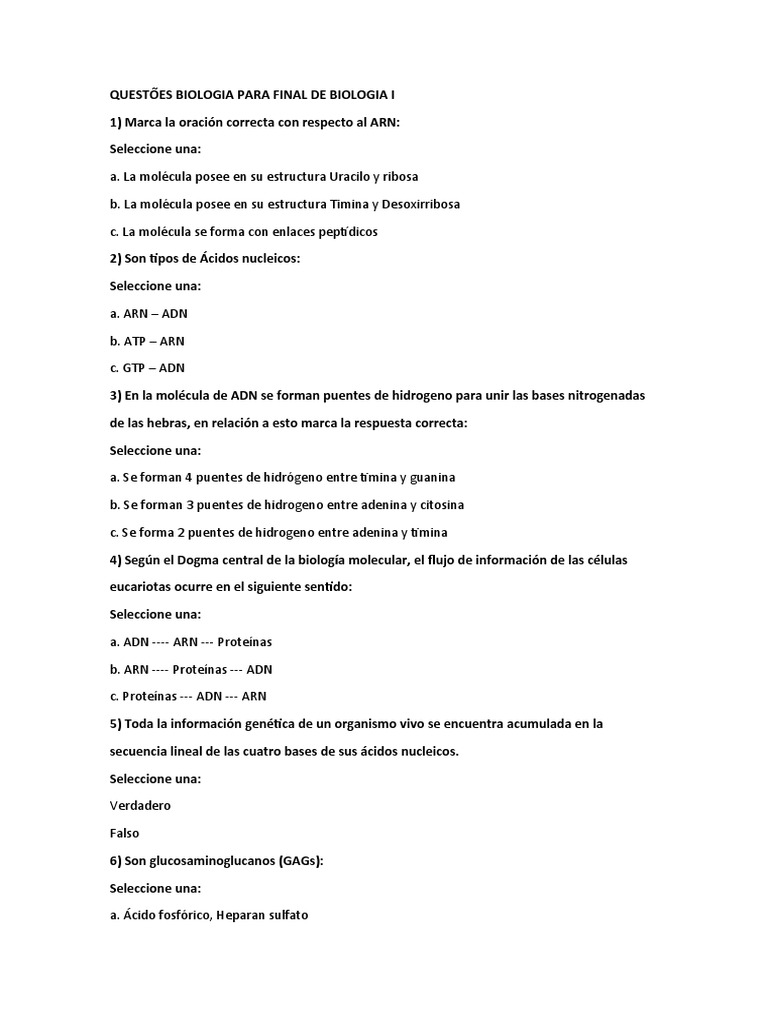Questões Biologia para Final de Biologia I | PDF