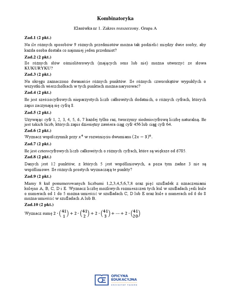 2021 1 Klasowka kl3 Kombinatoryka ZR Ab PDF | PDF
