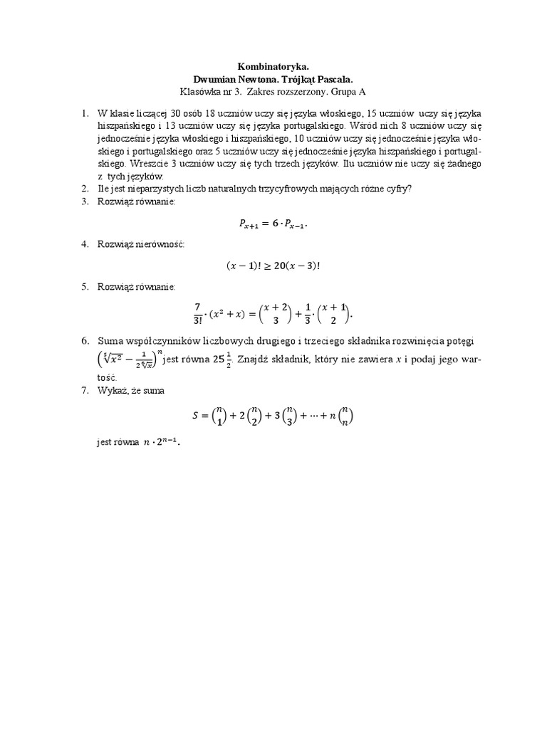 2021 3 Klasowka kl3 Kombinatoryka ZR Ab Wer6 PDF | PDF