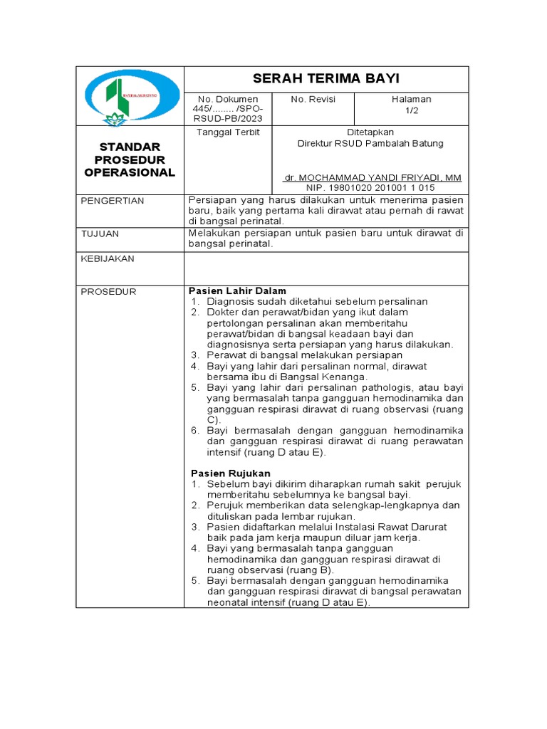 Prosedur Serah Terima Bayi RSUD | PDF | Pengembangan Diri | Kesehatan ...