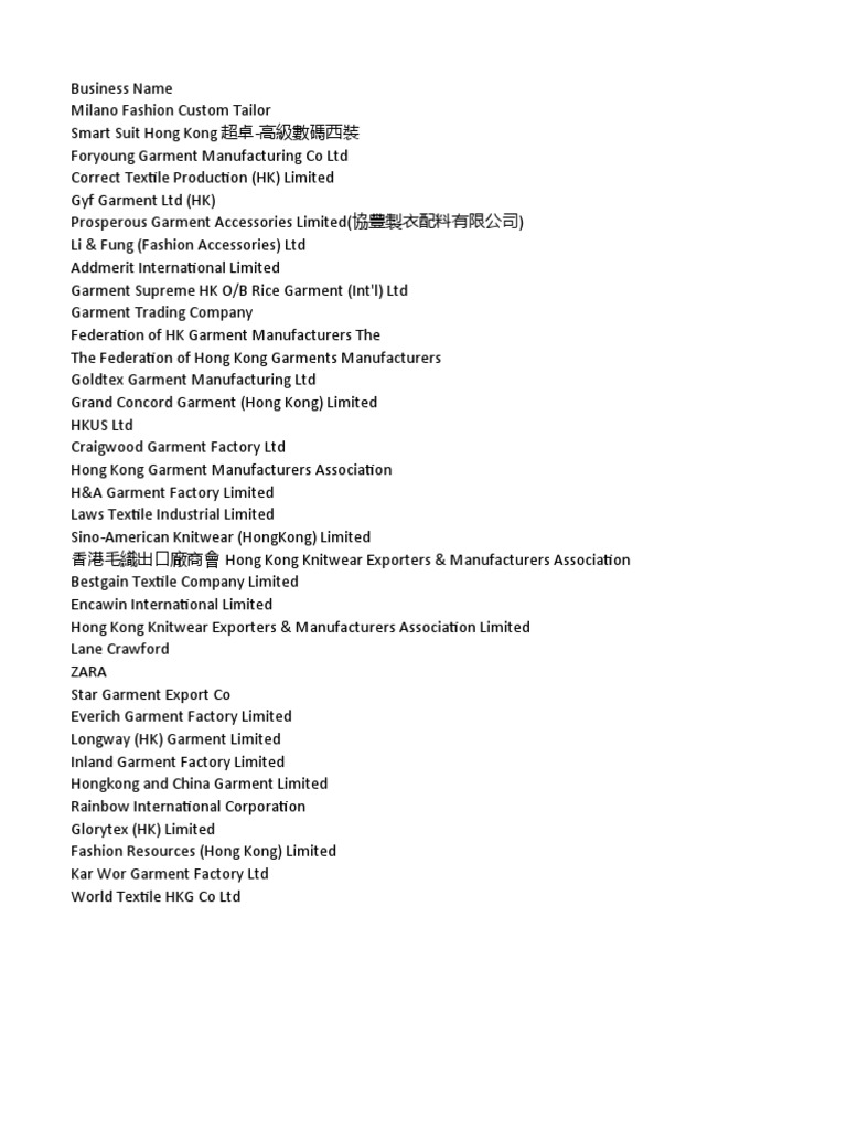 Hong - Kong Garment Importers | PDF
