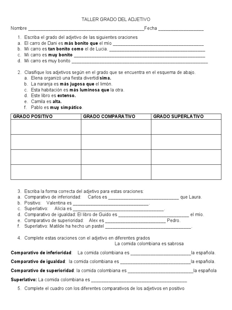 Taller Grado Del Adjetivo | PDF | Artes del Lenguaje y Comunicación ...
