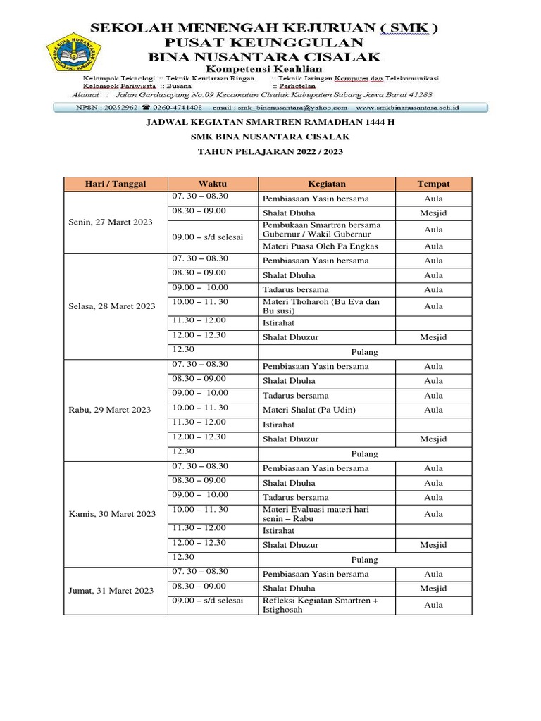 Jadwal Smartren Ramadhan SMK | PDF