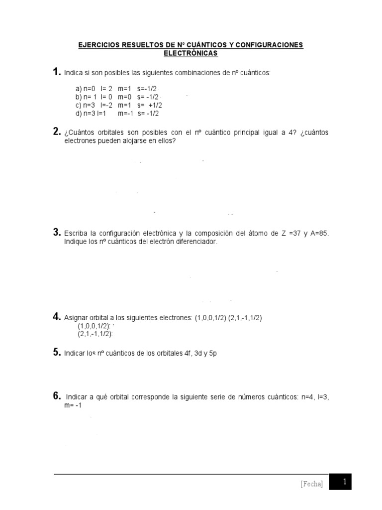 Tema 2 Capítulo 4. Ejercicios Resueltos de Numeros Cuanticos y Configuración Electrónica PDF | PDF