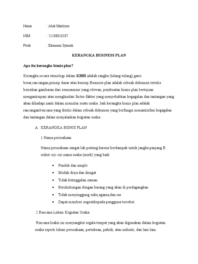 Tugas KERANGKA BISNIS PLAN | PDF