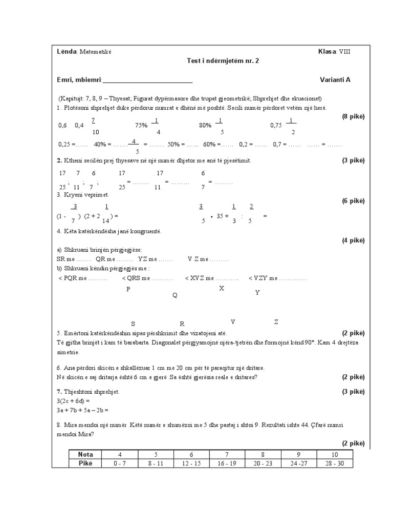 Testi Ndermjetem 2 Matematika 8 Grupi A | PDF