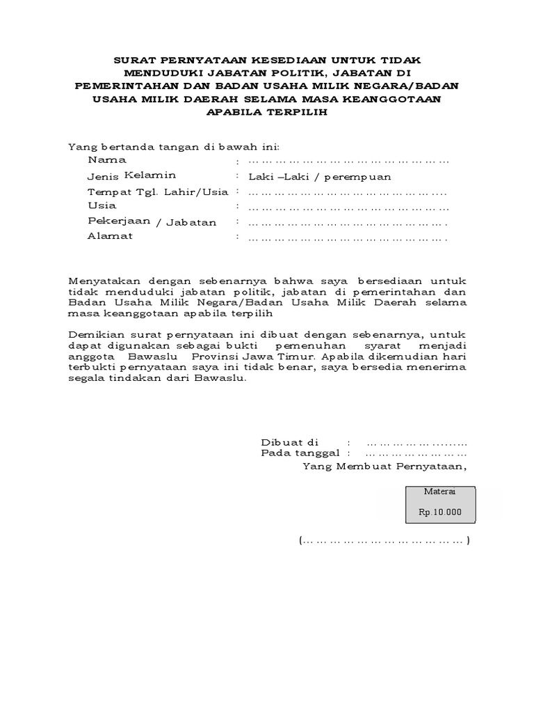 Pernyataan Kesediaan Bawaslu Jatim | PDF | Kajian Bahasa Asing | Hukum