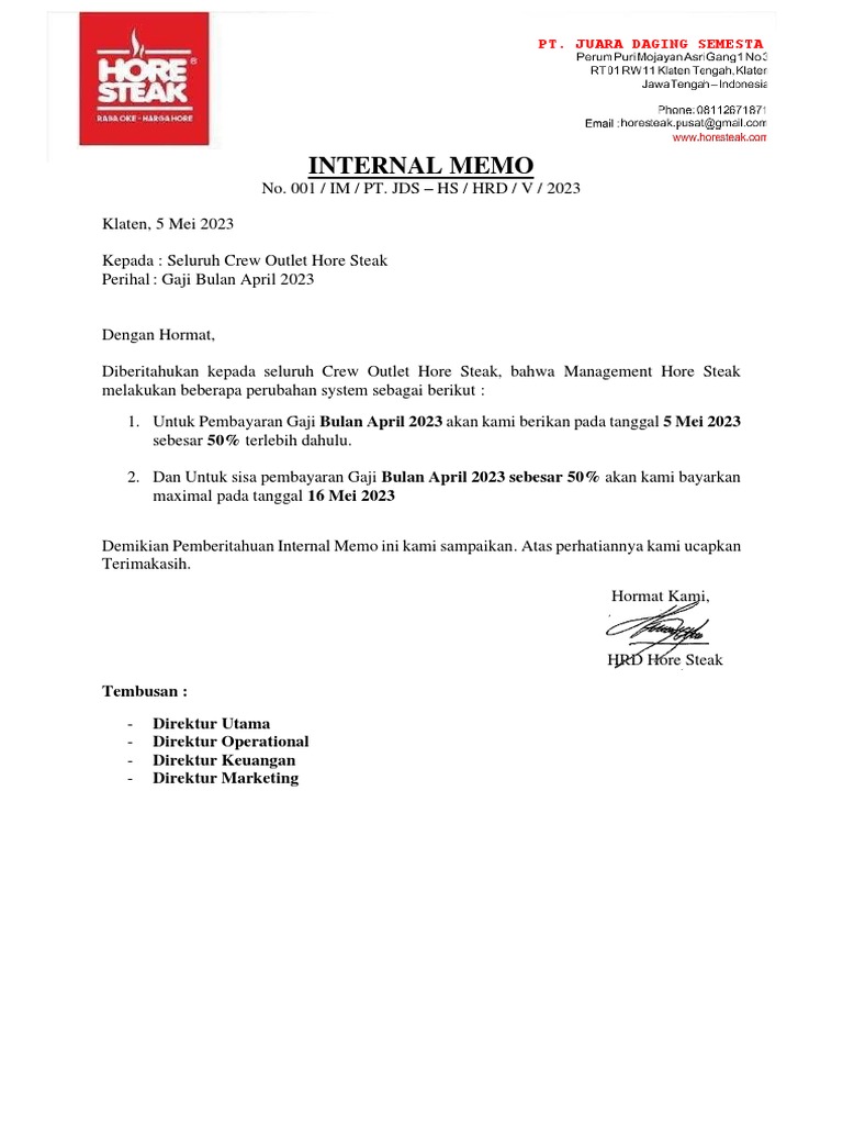 INTERNAL MEMO Pembayaran Gaji Bulan April 2023 PDF | PDF