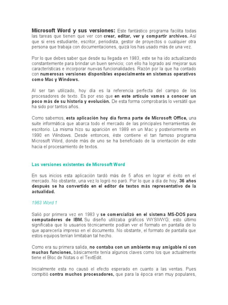 Evolución Microsoft Word | PDF