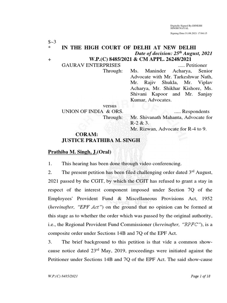 Delhi HC Case on EPF Act Section 7Q | PDF | Judgment (Law) | Tribunal