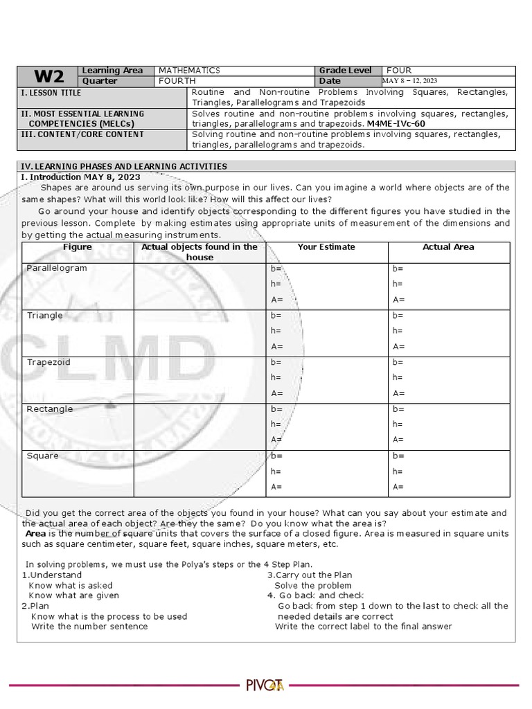Q4 Mathematics 4 Week2 | PDF | Area | Geometry