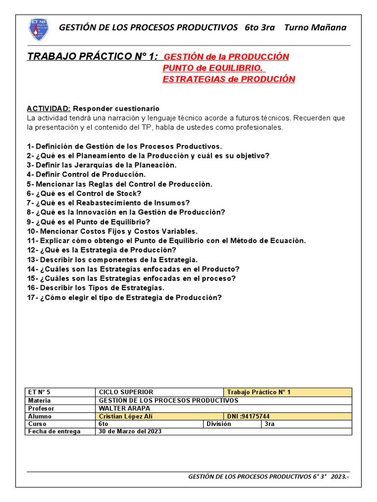 TP N°1 Gestión de Los Procesos Productivos | PDF