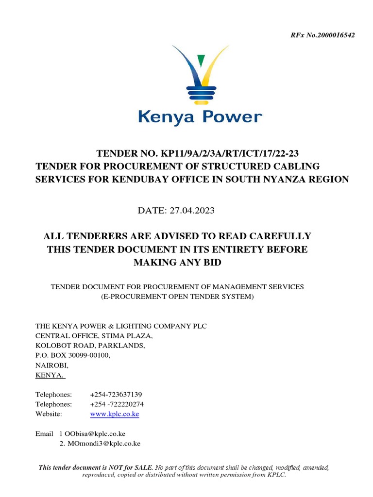 KPLC-STD For Procurement of Management Services Aug 2022 For Structured Cabling in Kendubay ...
