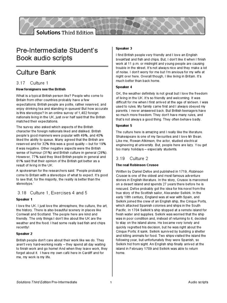 Solutions Third Edition Pre-Int Students Book Culture Bank Audio Script | PDF