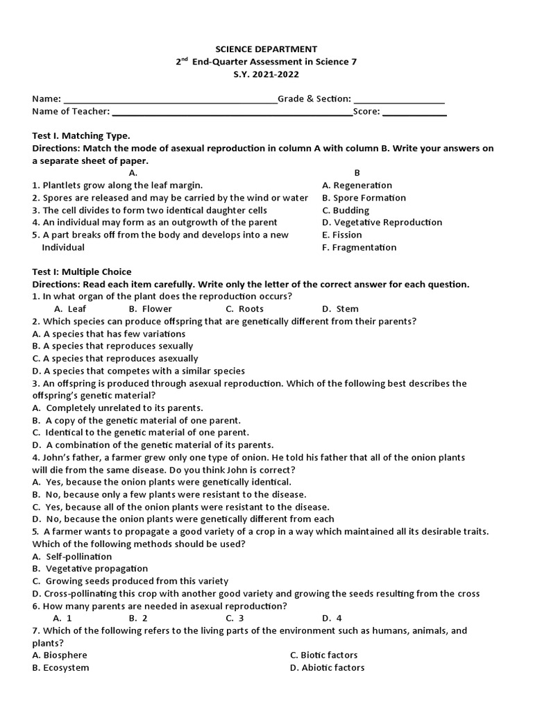 G7 2nd End Quarter Assessment 1 | PDF | Reproduction | Ecosystem