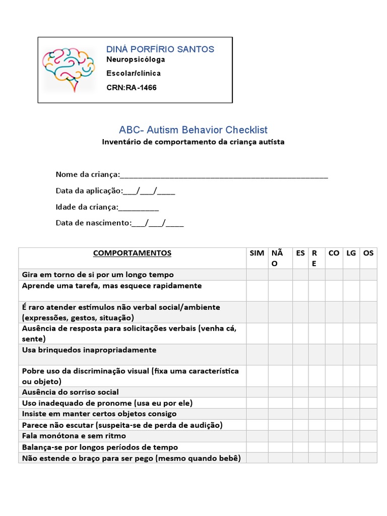 Checklist de comportamento para crianças autistas - ABC Autism Behavior ...
